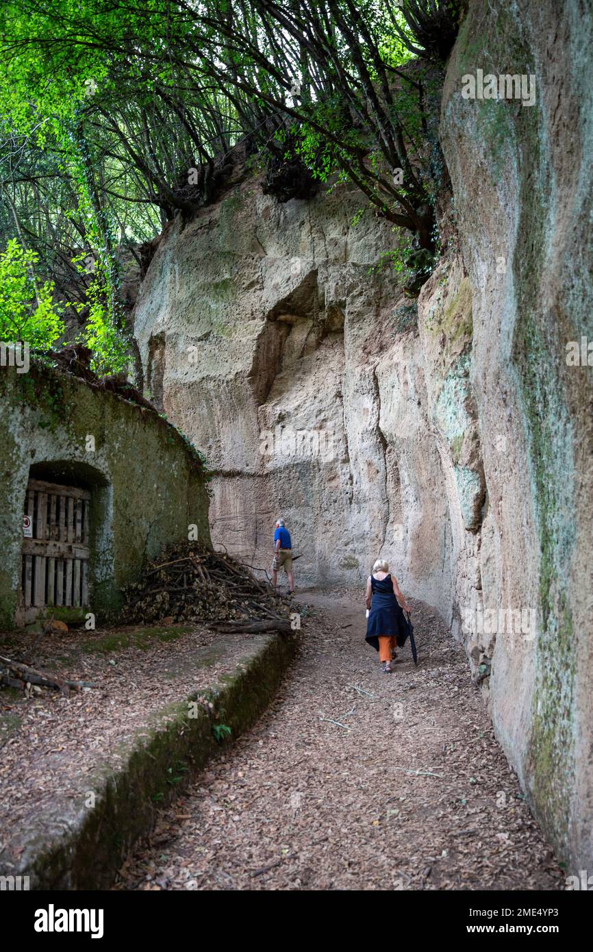 Senior man and woman walking on narrow road by rock Stock Photo - Alamy