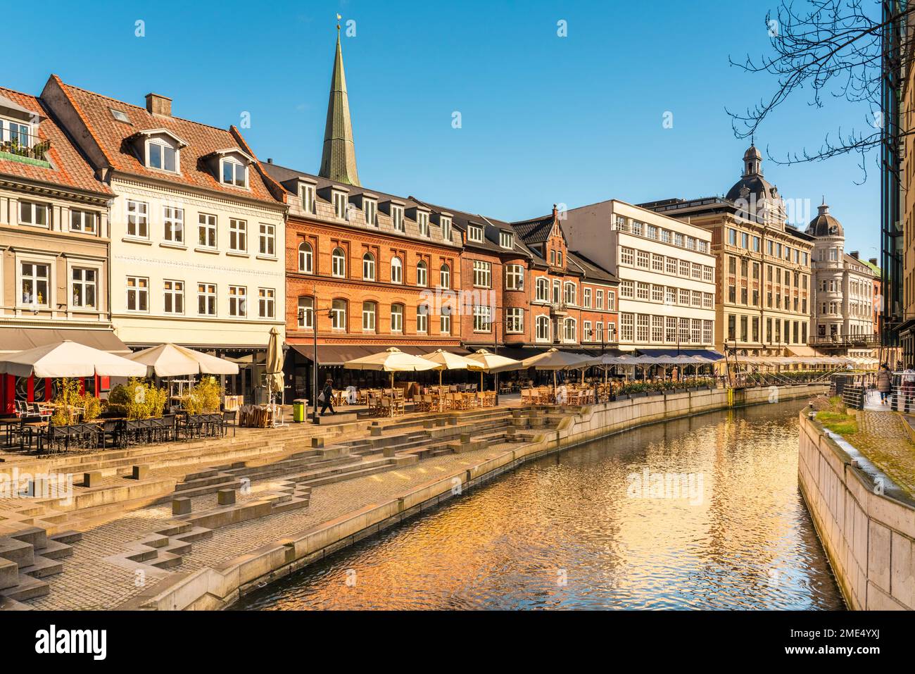Denmark, Aarhus, Sidewalk cafes along Aboulevarden promenade Stock ...