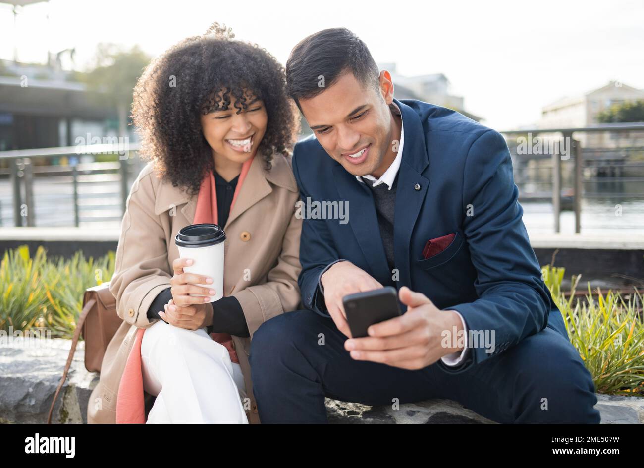 Man, woman or corporate friends with phone for funny meme, comic moment ...