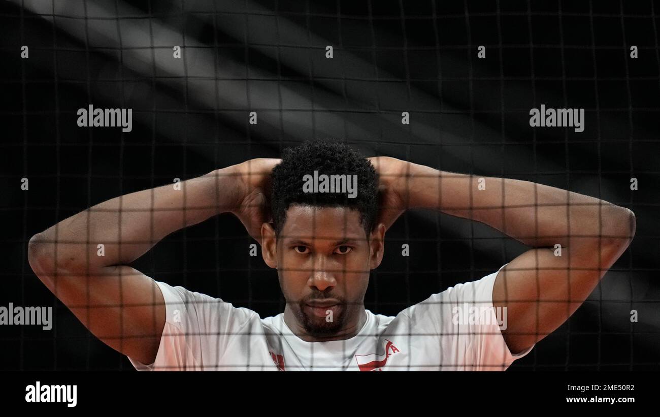 Poland's Wilfredo Leon Venero stands at the net during a men's ...