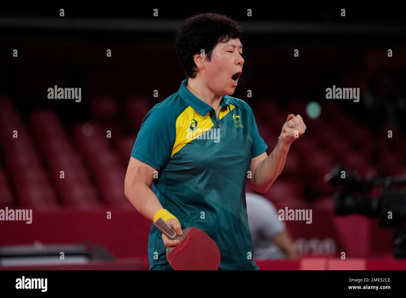 Australia's Lay Jian Fang reacts during the table tennis women's singles first round match ...