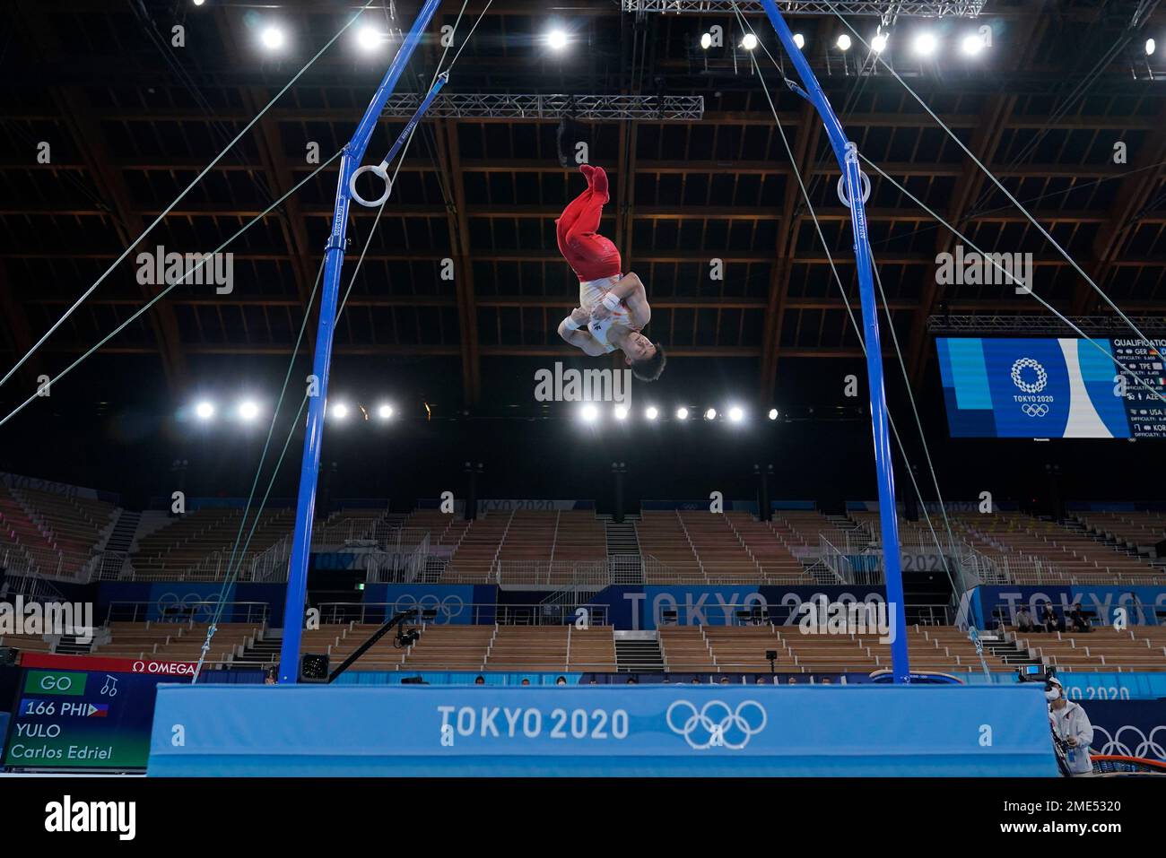 Carlos Edriel Yulo, of Philippines, performs on the rings during the ...