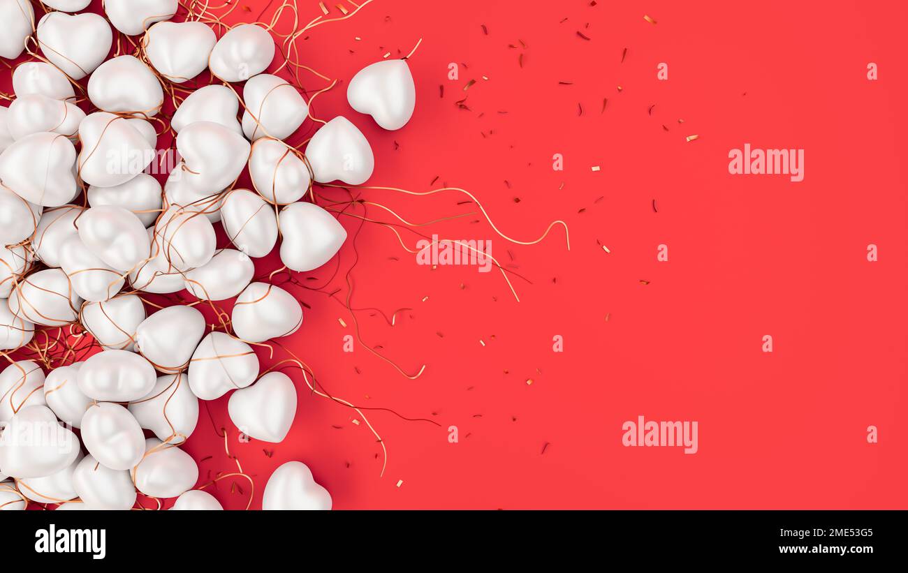 Valentine day pearl white hearts with confetti on red backdrop. 3d ...