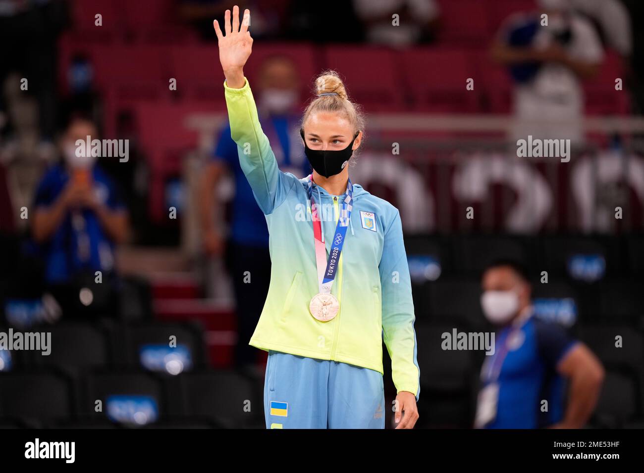 Bronze medalist Daria Bilodid of Ukraine gestures during the medal ...