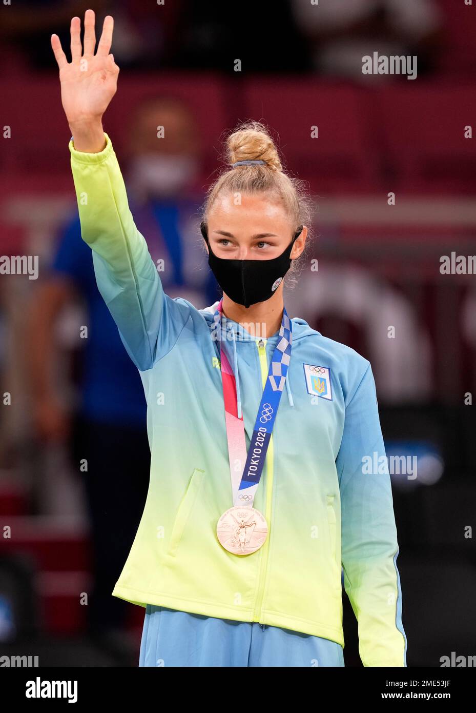 Bronze medalist Daria Bilodid of Ukraine gestures during the medal ...