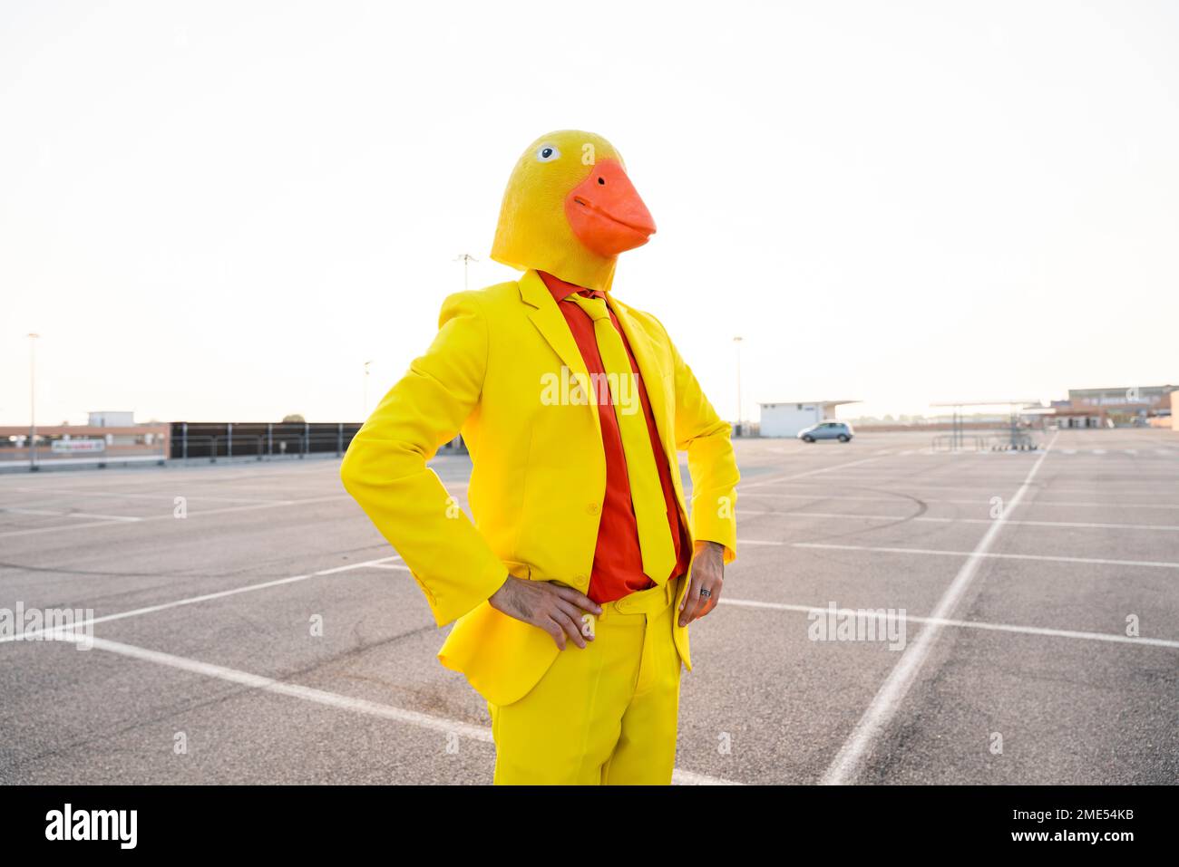 Man wearing duck mask standing with hands on hip in parking lot Stock ...