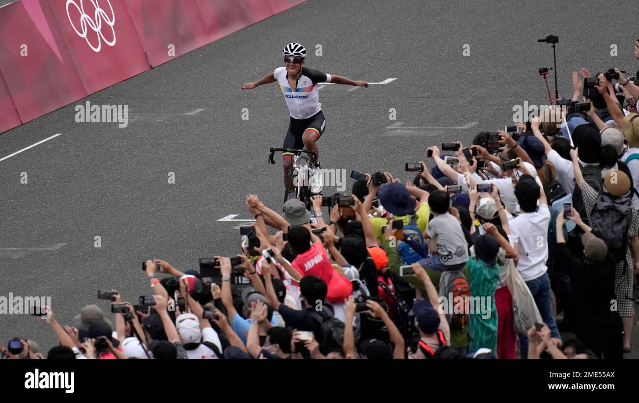 Richard Carapaz of Ecuador reacts after winning the men's cycling road ...