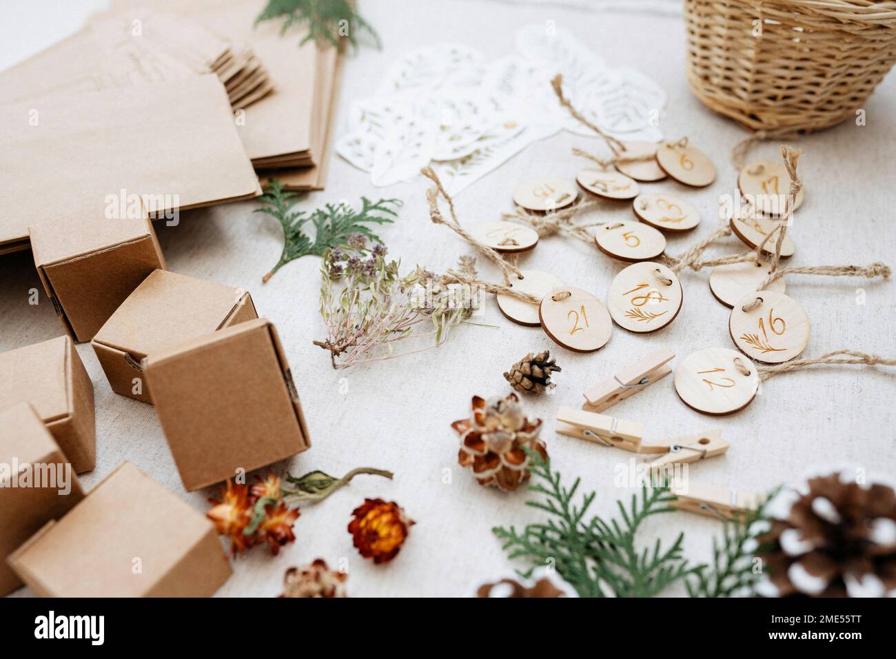 Various materials and cardboard boxes for Christmas advent calendar on ...