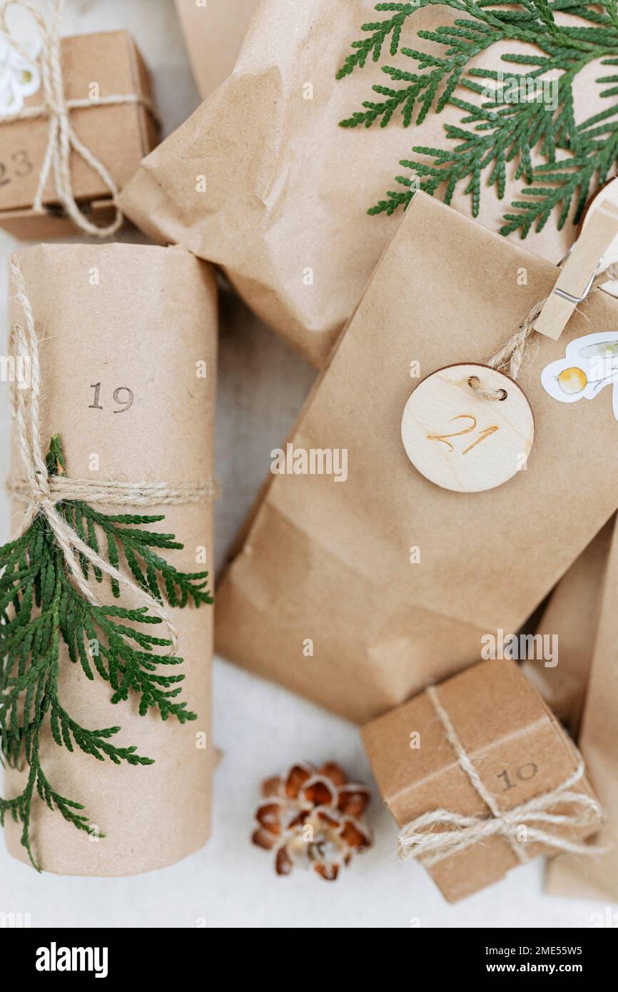 Paper bags with label's kept on carpet Stock Photo - Alamy