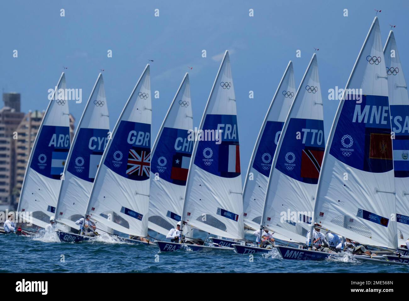 Laser men sailing boats during a training session at the Enoshima ...