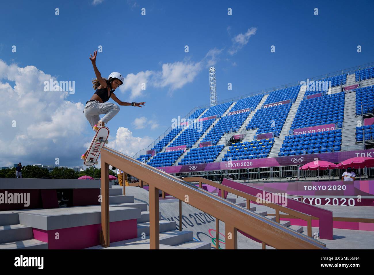 Rayssa Leal of Brazil performs a trick during a street skateboarding ...