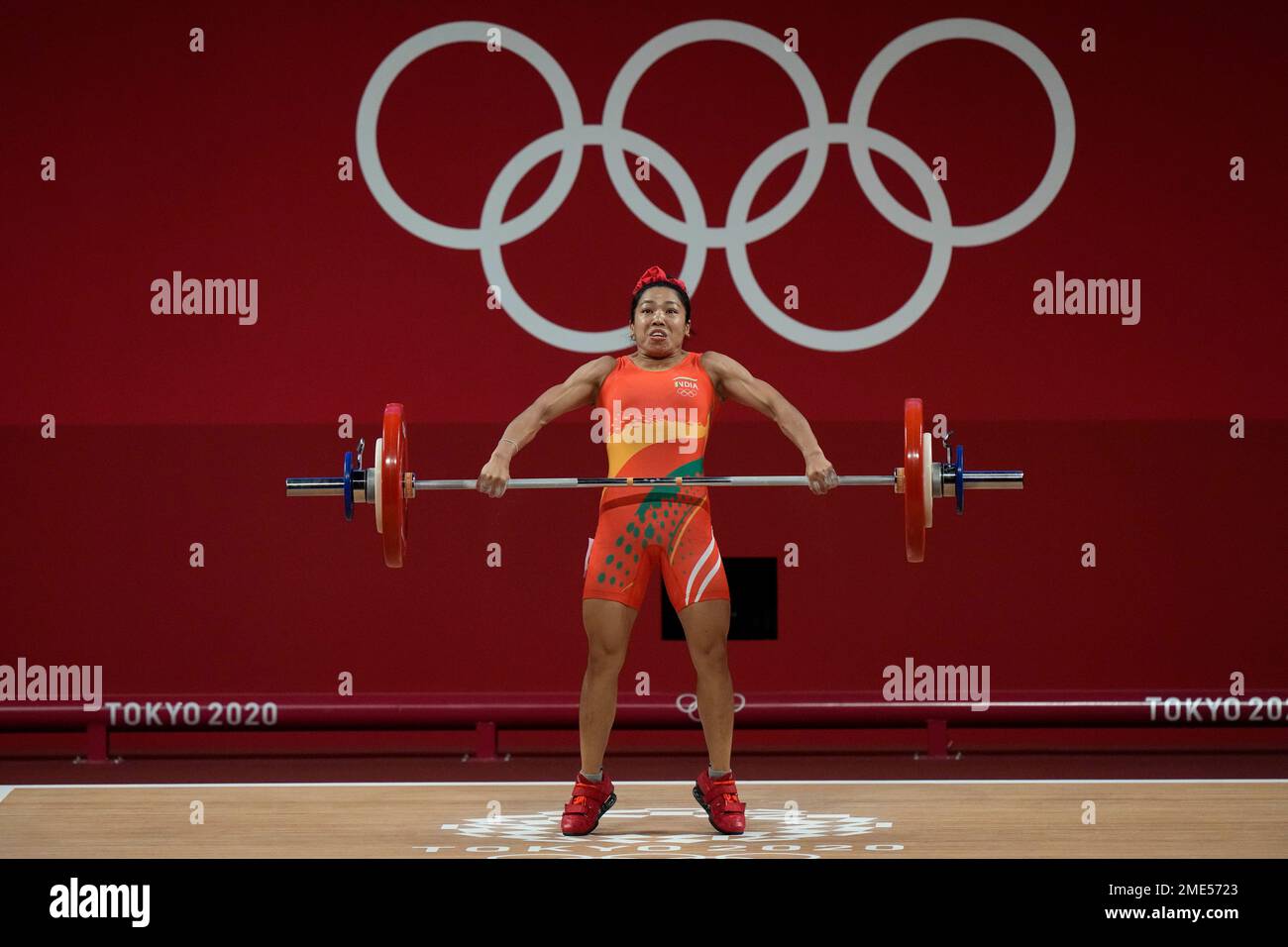 Mirabai Chanu Saikhom of India competes in the women's 49kg ...