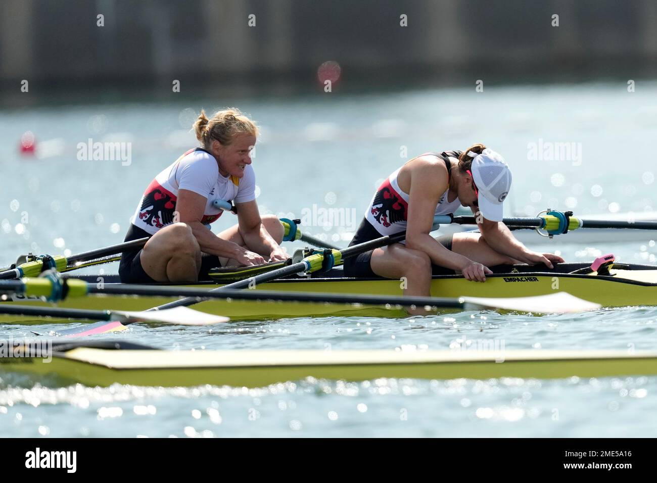 Annekatrin Thiele and Leonie Menzel of Germany reacts after competing ...