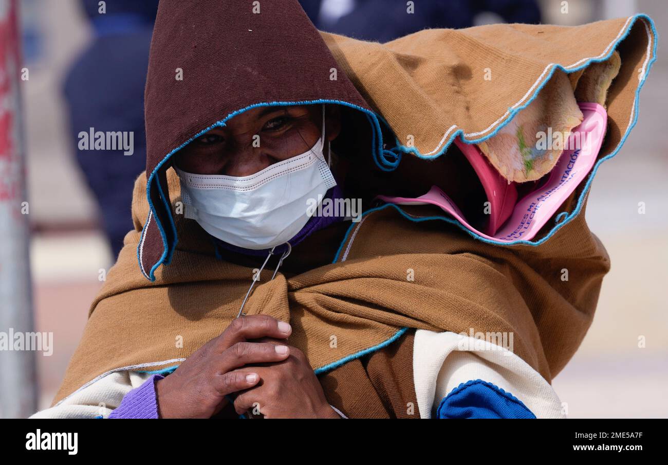 An Uru Chipaya Indigenous woman carries a load as she walks past in ...