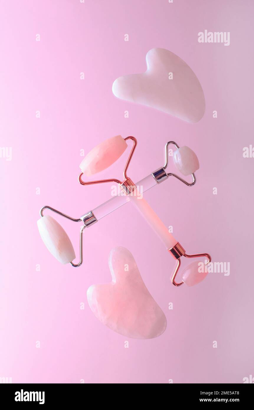 Rose Quartz Roller and Gua Sha Tool, Facial Lifting Scraping Massage ...