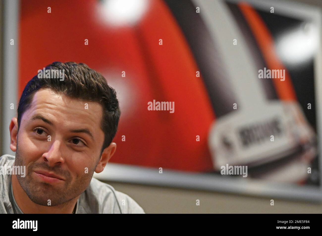 Cleveland Browns quarterback Baker Mayfield is interviewed during a ...