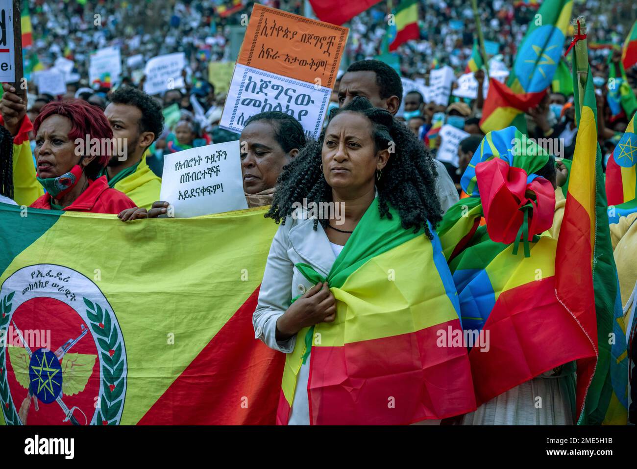 Residents of Addis Ababa Waving Ethiopia's national flag during a ...