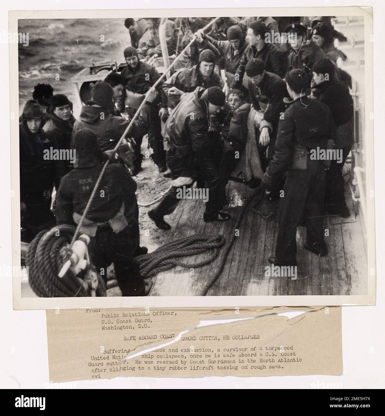 A torpedoed ship survivor, rescued by the U.S. Coast Guard in the North ...