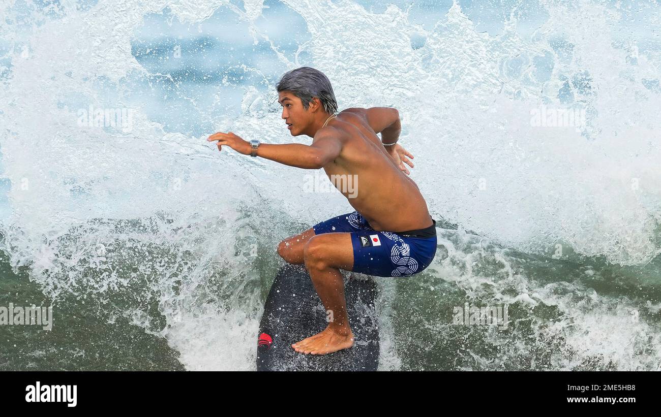 Japan's Kanoa Igarashi rides a wave during a training session at the ...