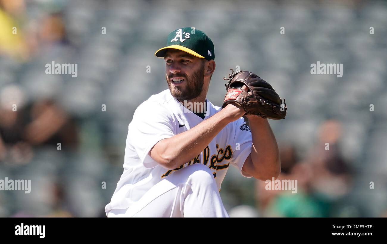 Oakland Athletics pitcher Sam Moll against the Los Angeles Angels ...