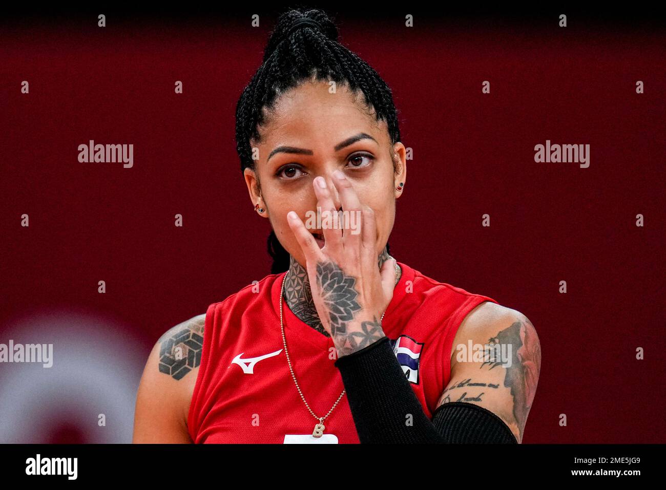 Dominican Republic womens' volleyball player Brenda Castillo gestures ...
