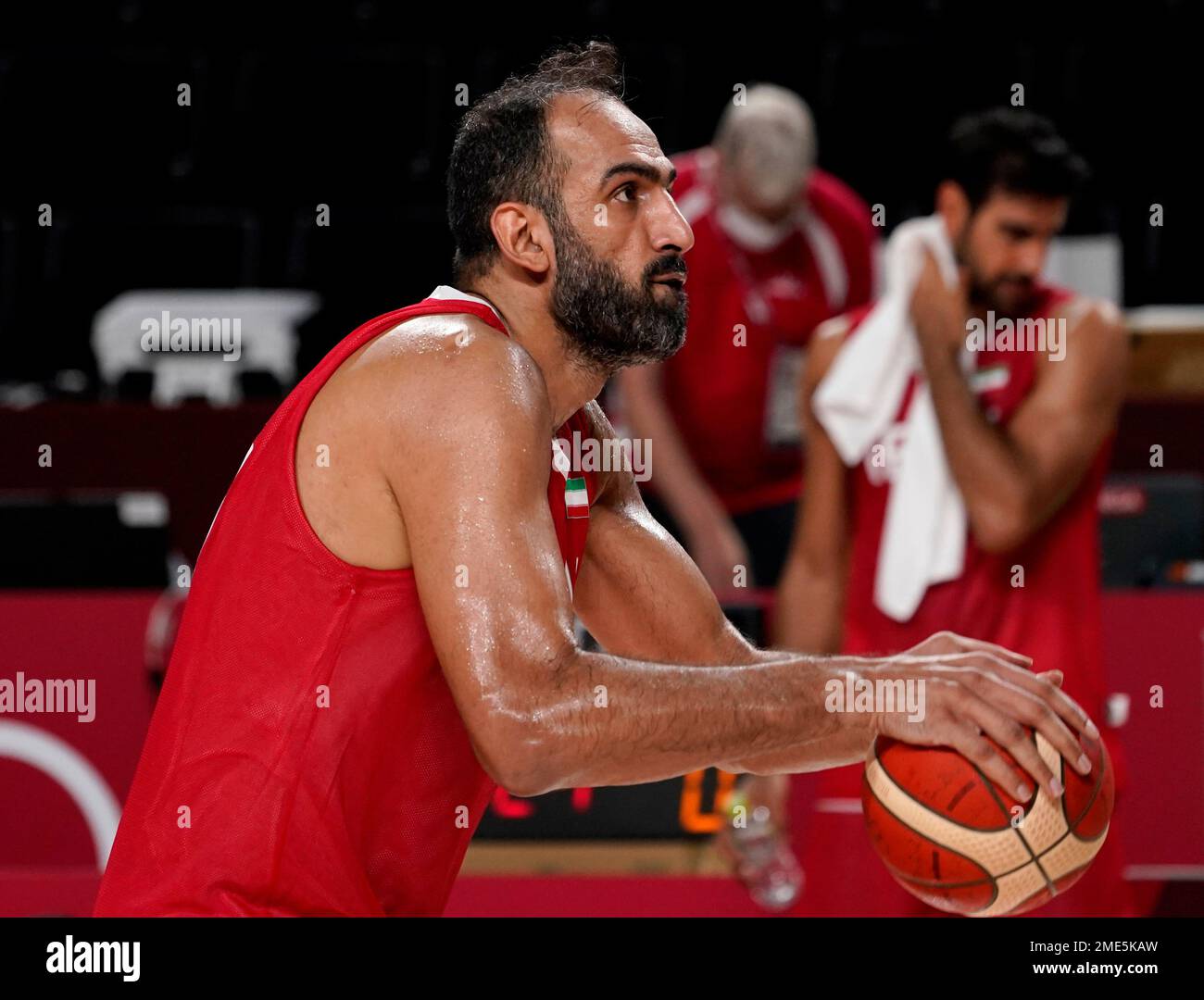 Iran's Hamed Haddadi takes a shot during a men's basketball practice at ...