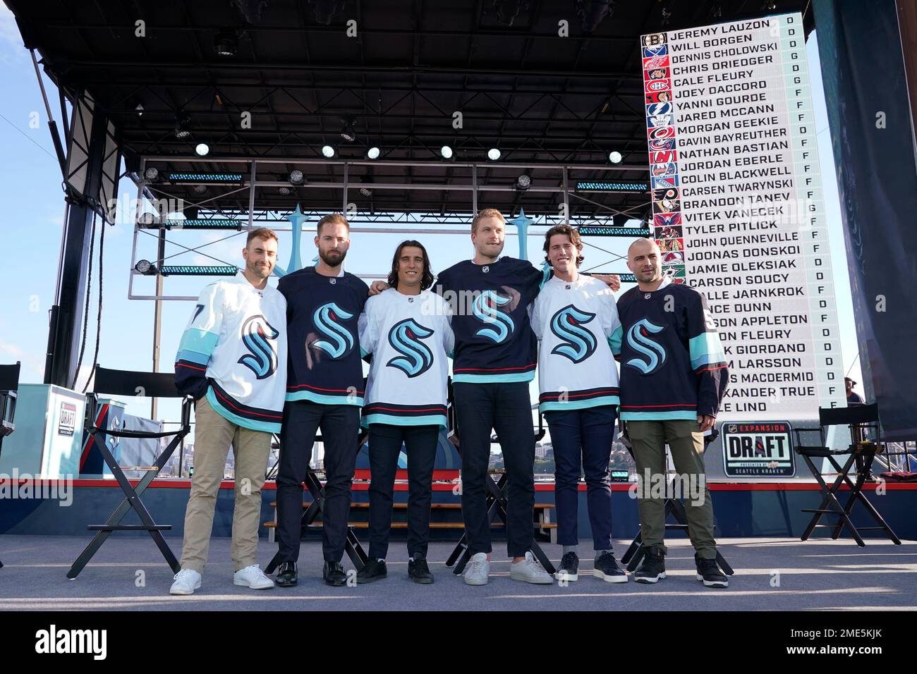 Seattle Kraken NHL hockey players Jordan Eberle, Chris Dreidger ...