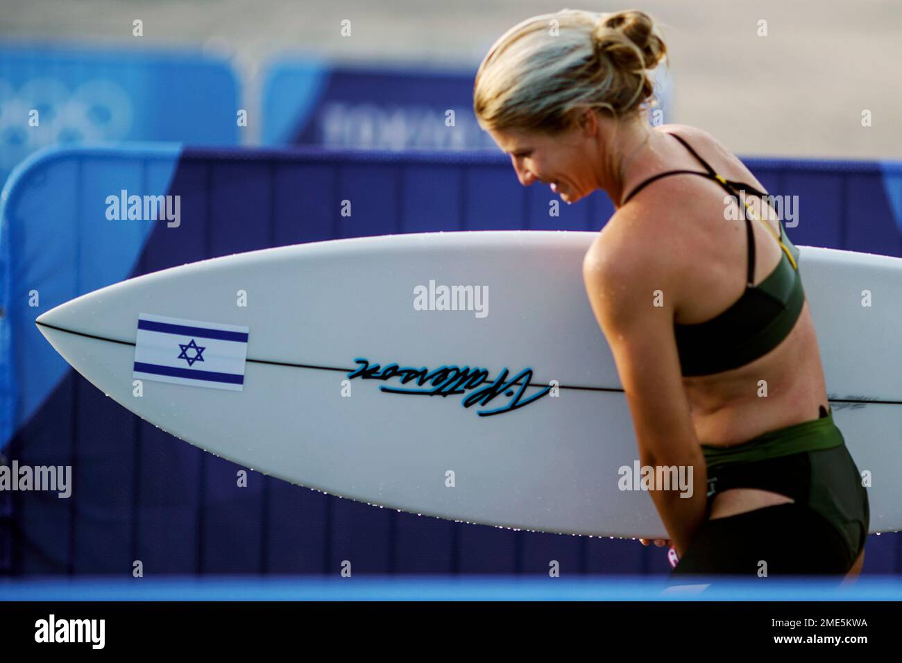 The flag of Israel decorates the board of surfer Anat Lelior, of Israel ... The flag of Israel decorates the board of surfer Anat Lelior, of Israel ...