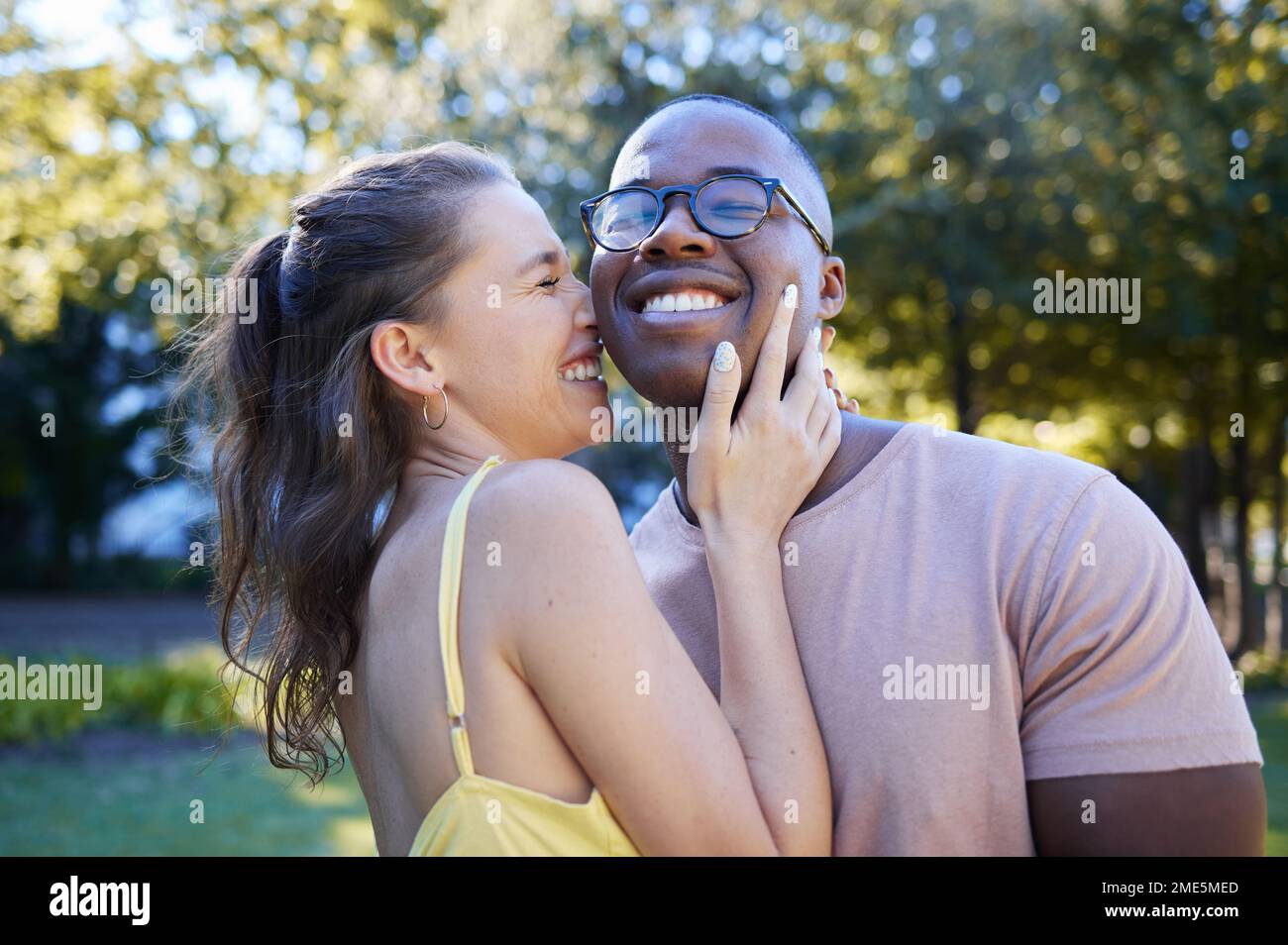 Summer, love and laugh with an interracial couple bonding outdoor ...