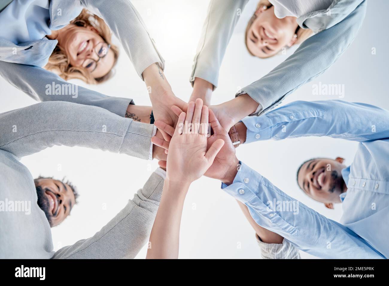 Hands together, support and teamwork people for collaboration success ...