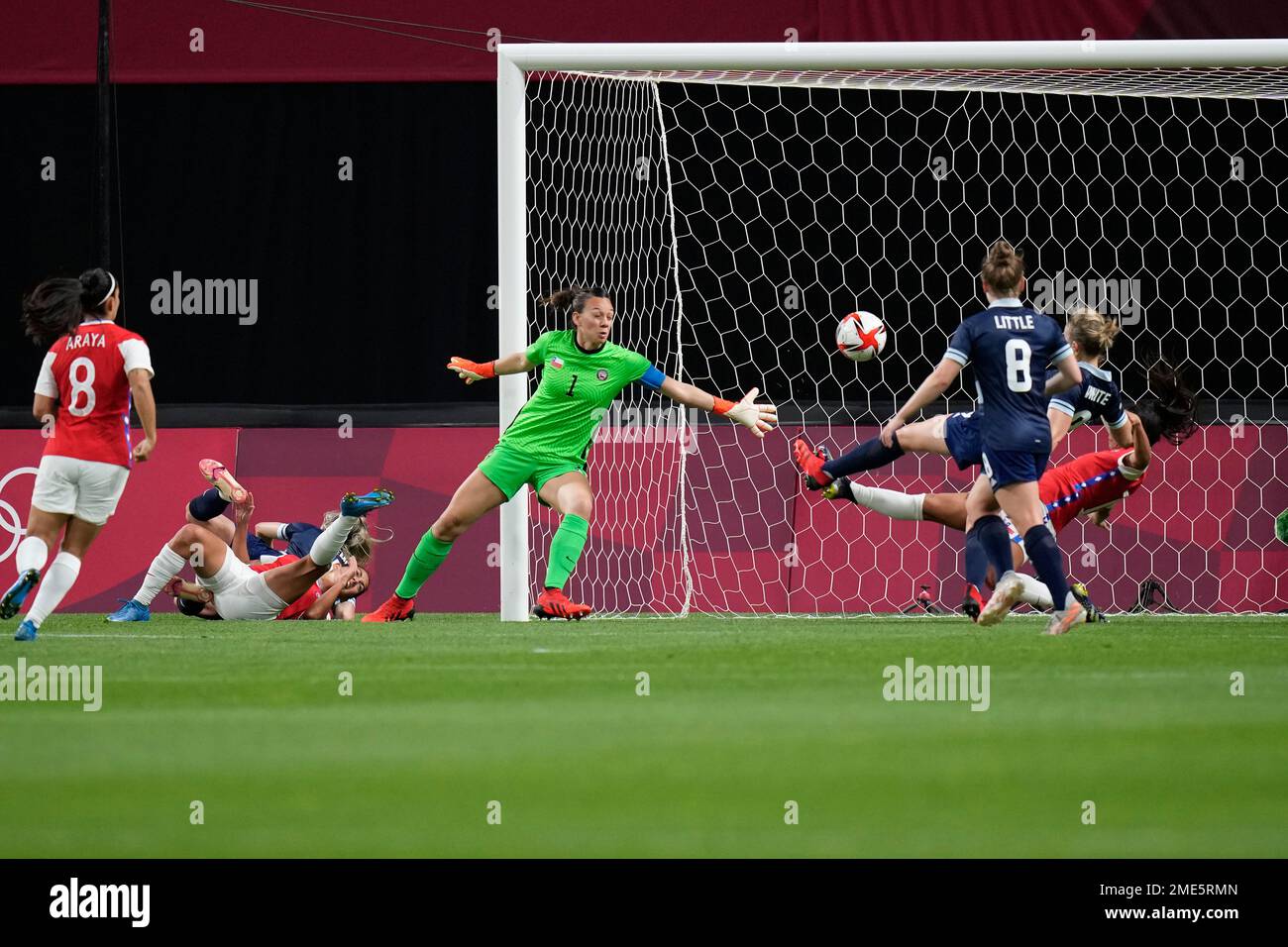 Chile's goalkeeper Christiane Endler, center, fails to stop a goal by ...