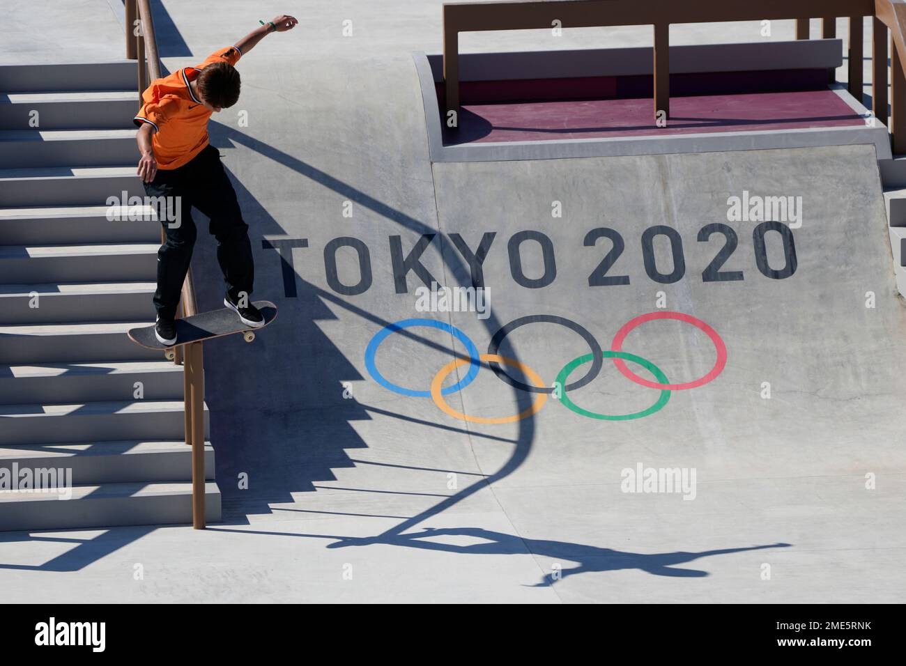 Yuto Horigome, of Japan, trains during a street skateboarding practice ...