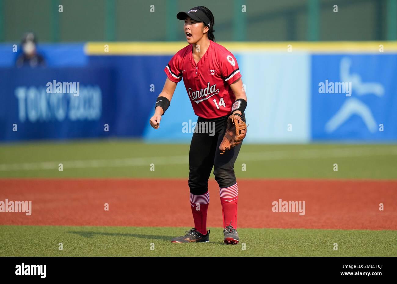 Canada's Janet Leung reacts during the softball game between Mexico and ...