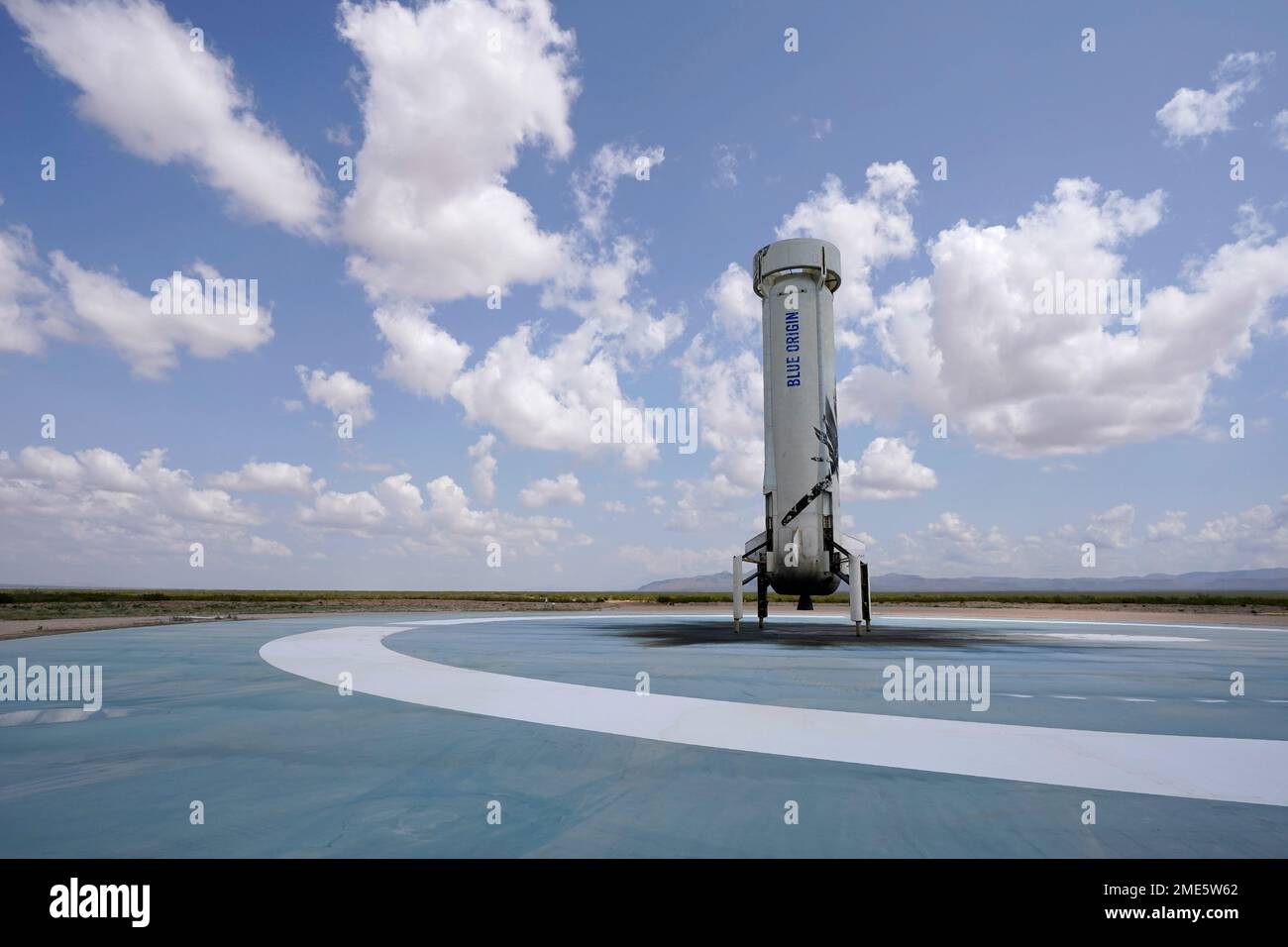 Blue Origin's New Shepard rocket sits on the landing pad after carrying ...