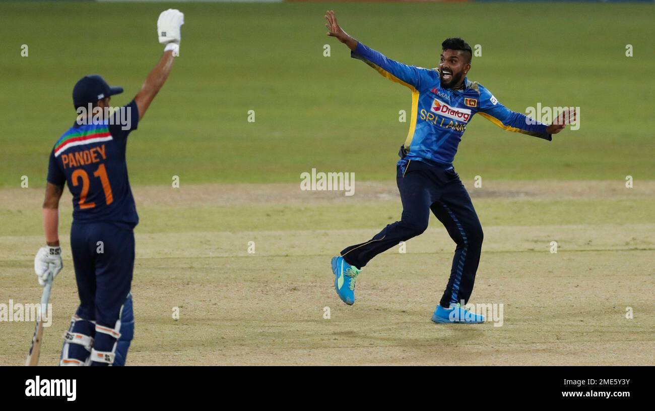 Sri Lankan bowler Wanidu Hasaranga celebrates the wicket of India's ...