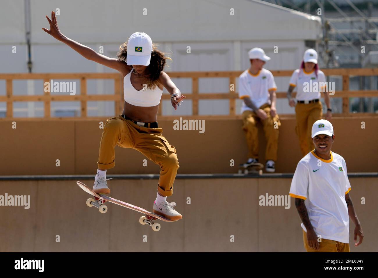 Rayssa Leal, of Brazil, practices for the skateboarding competition in ...