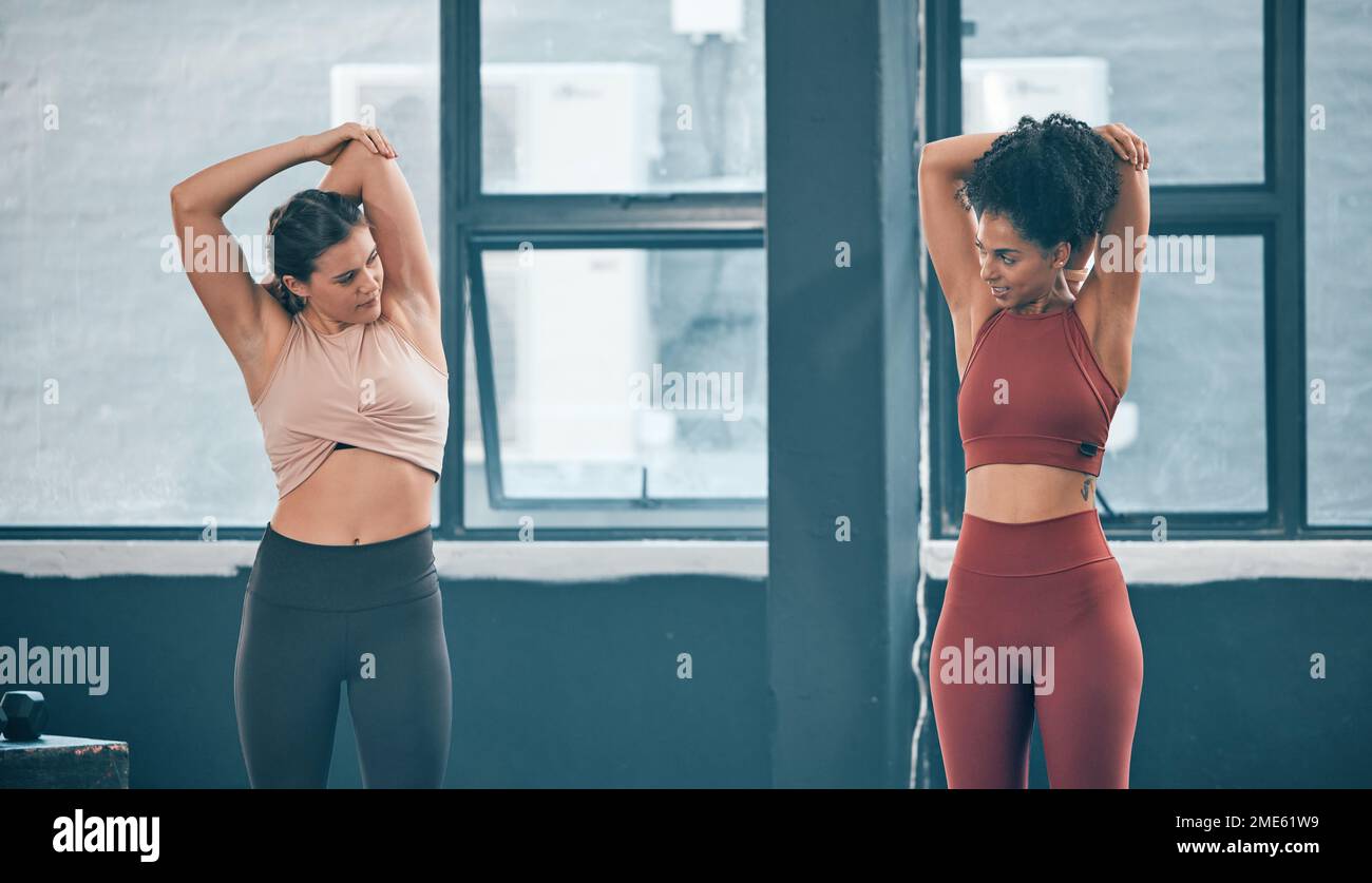 Teamwork, stretching and friends with women in gym for training ...