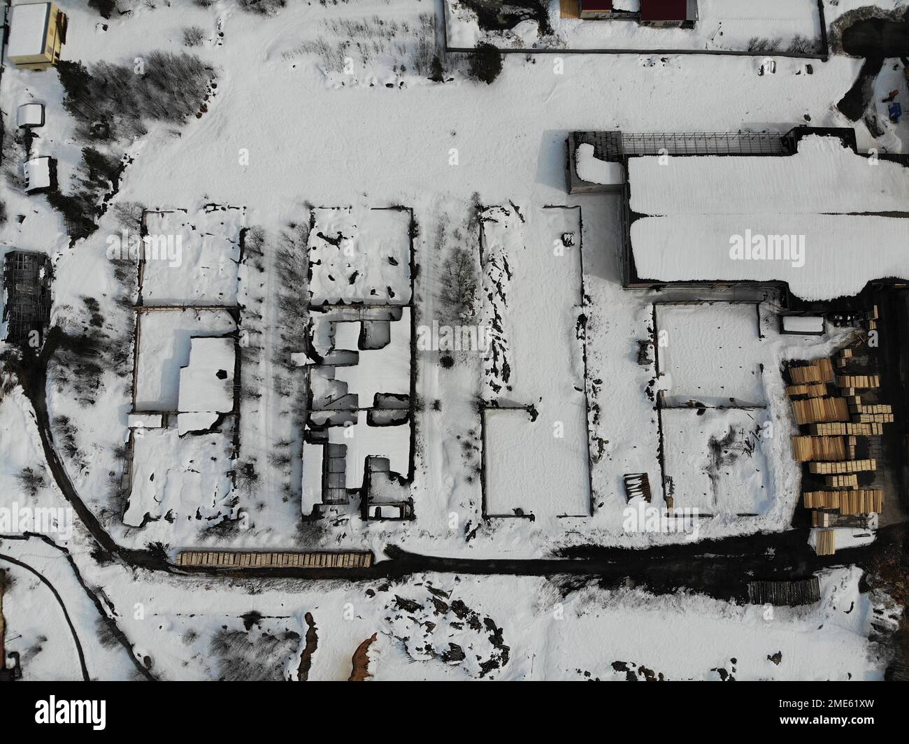 Abandoned Building Under Snow Aerial Footage Stock Photo - Alamy