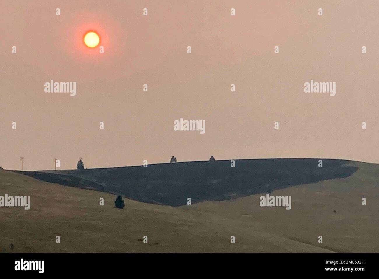 Smoke obscures the air and dims the sun over a hillside burned by a recent wildfire, in Missoula ...