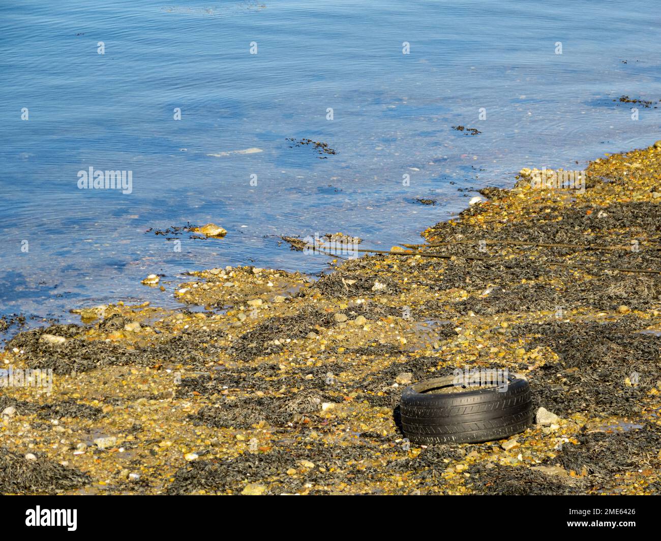 A beach contaminated by wheels thrown into the sea in Ferrol, Spain ...
