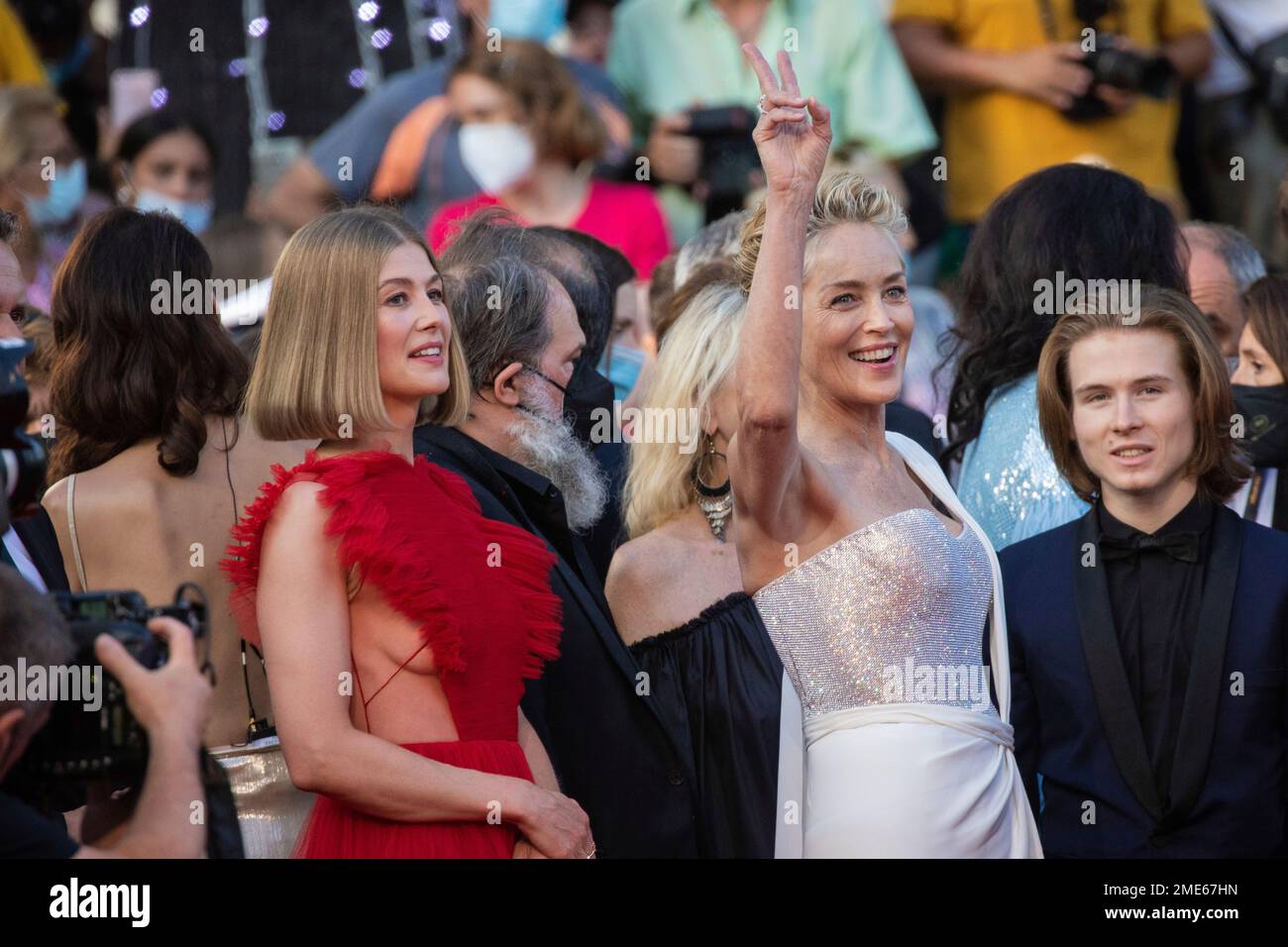 Rosamund Pike, left, and Sharon Stone pose for photographers upon ...