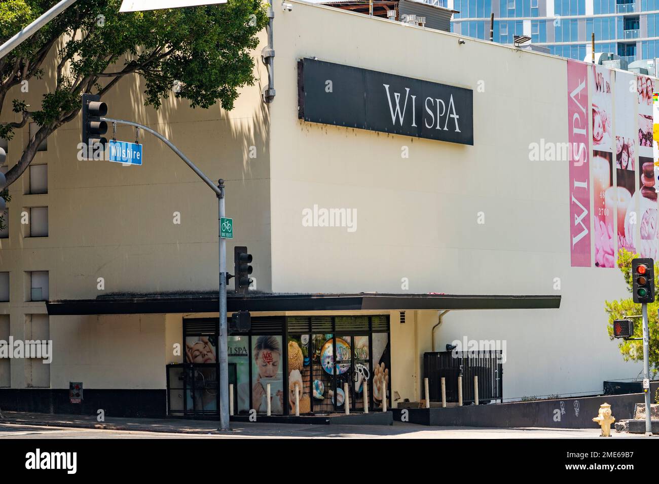 This July 4, 2021, photo, shows the exterior of the Wi Spa in Koreatown ...