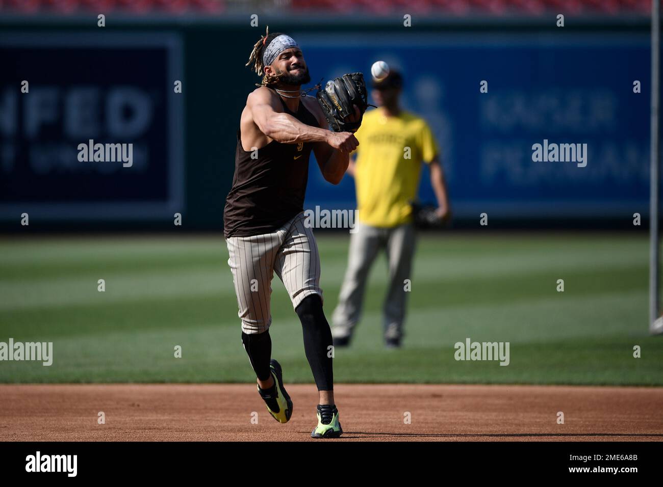 San Diego Padres' Fernando Tatis Jr. works out during batting practice ...