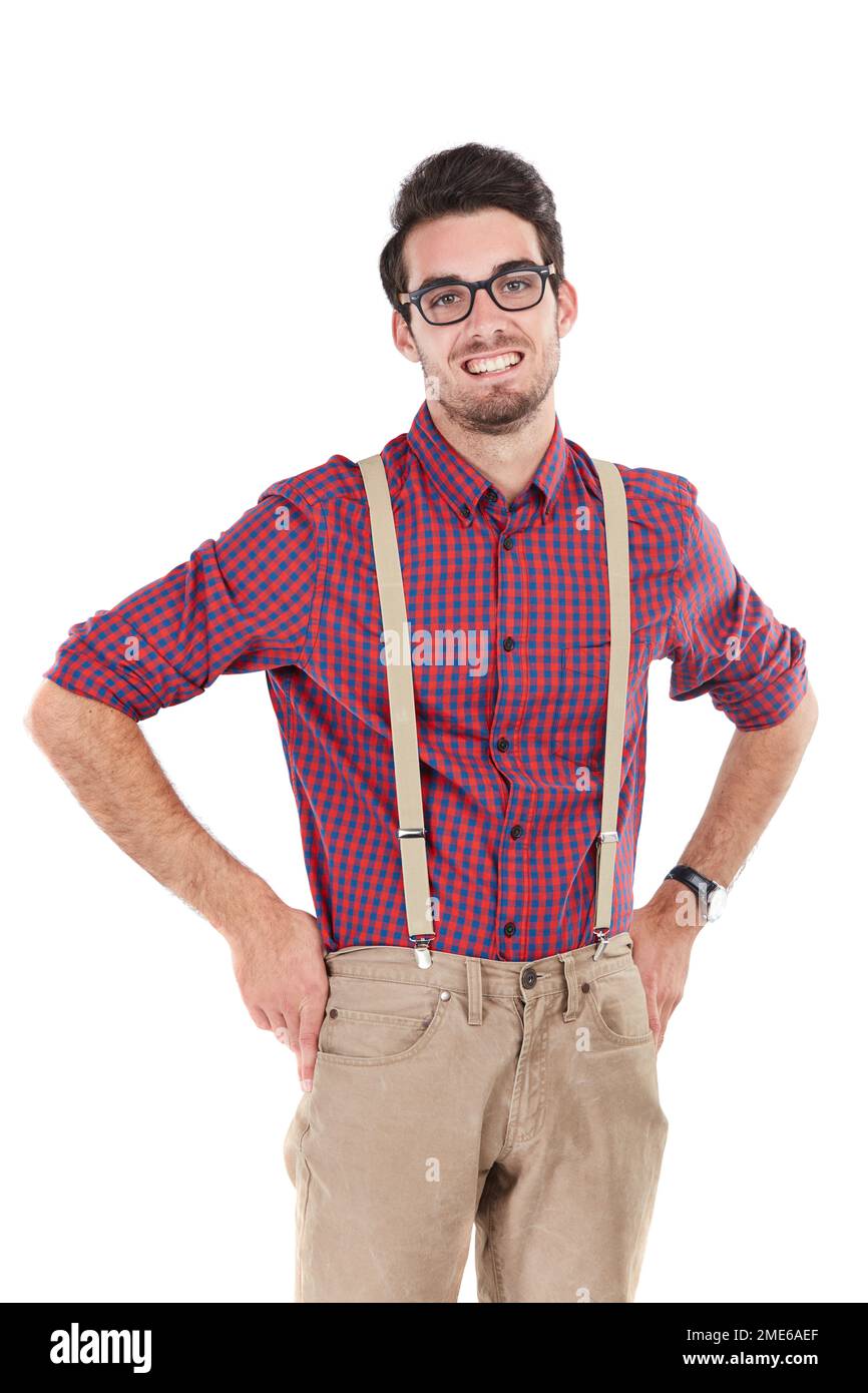 Portrait, nerd and man in studio, casual and smile, happy and content ...