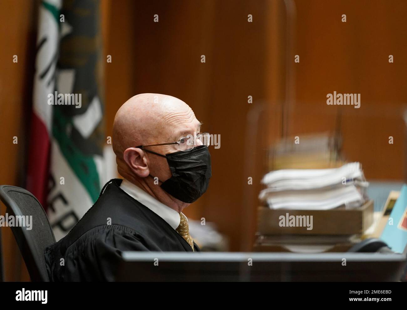 Los Angeles Superior Court Judge Larry P. Fidler wears a face mask ...