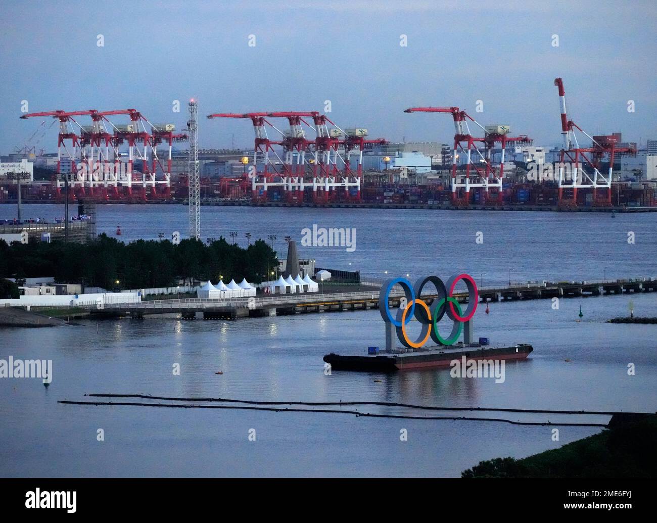 The Olympic Rings float on a barge at Odaiba Marine Park as Tokyo ...