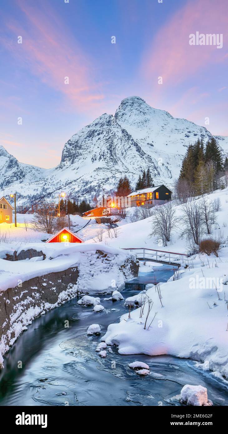 Fabulous evenihg scenery of Norwegian Nusfjord village. Popular travel ...