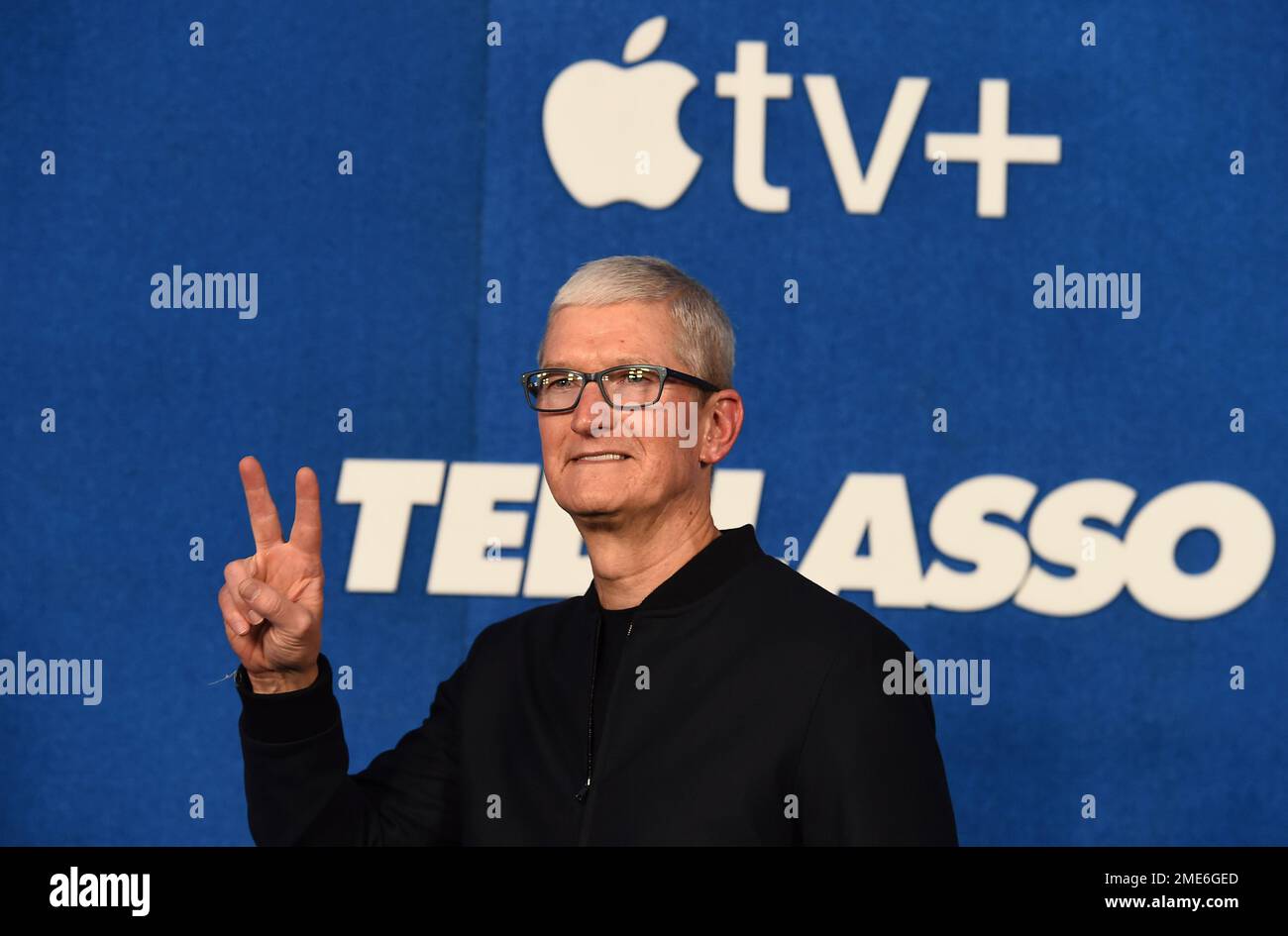 Tim Cook arrives at the premiere of the second season of "Ted Lasso" on ...
