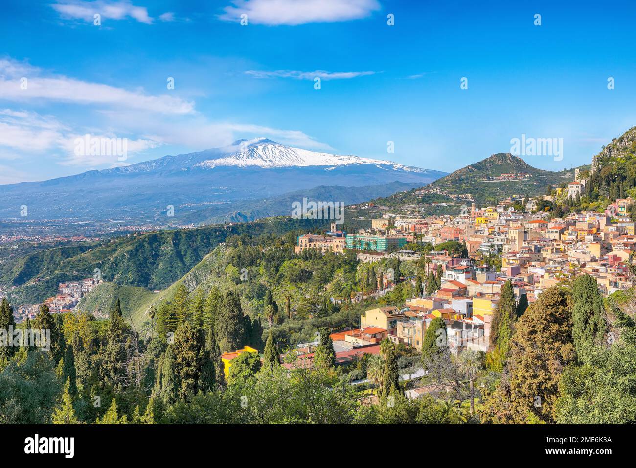 Awesome view of Taormina resorts and Etna volcano mount. Giardini-Naxos ...