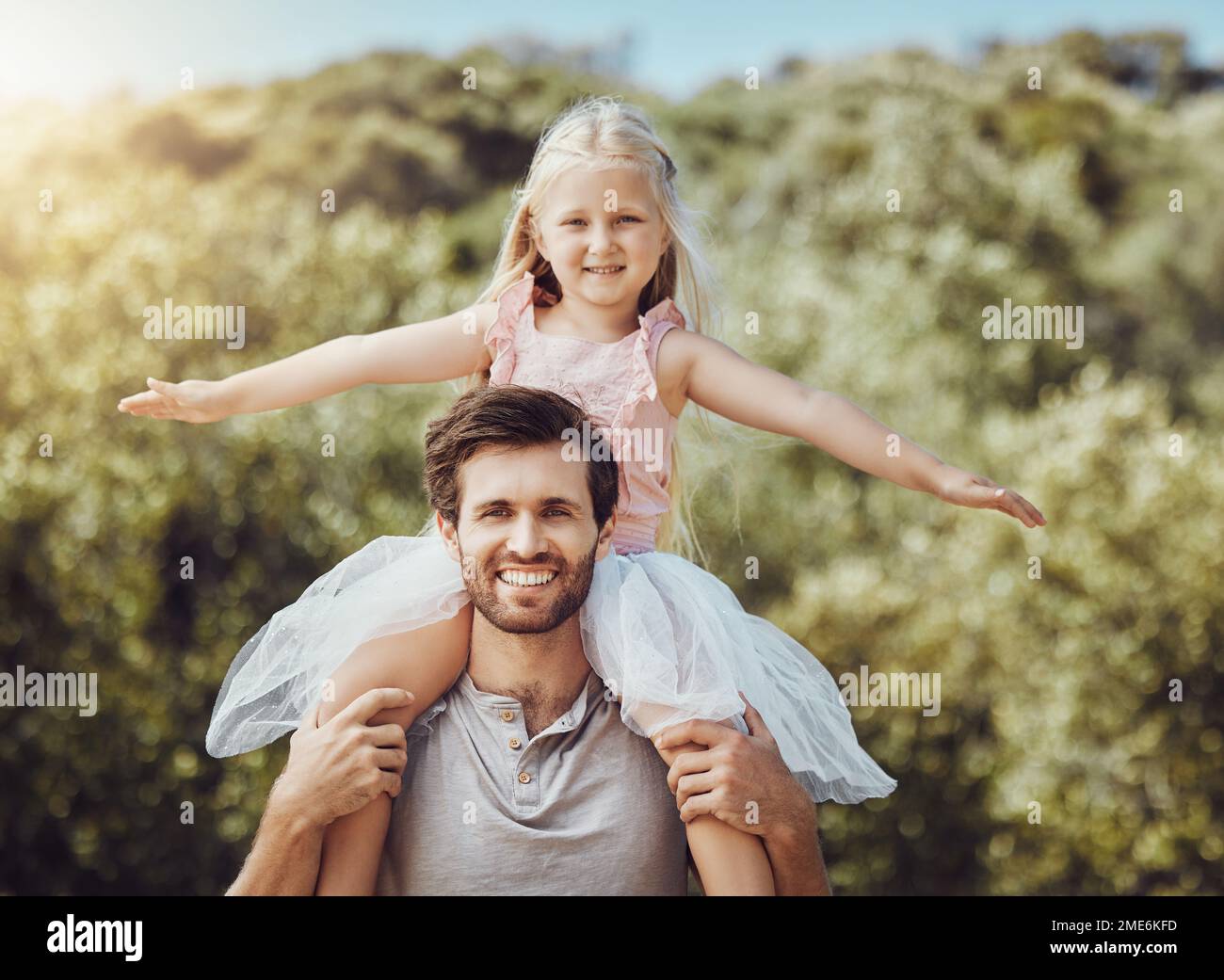 Portrait, father carry girl and outdoor with smile, love and bonding on ...